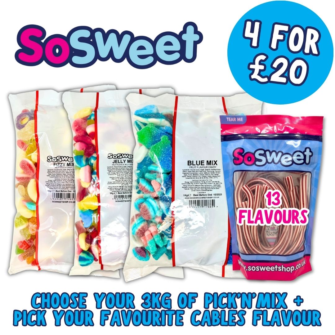 4 for £20 - 3 x 1kg Sweet Bags + Choose your Cable Pouch – SoSweet