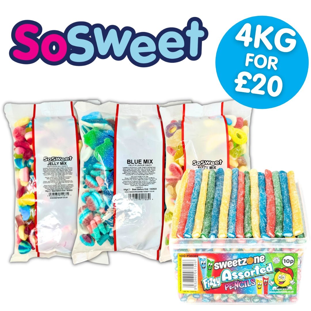 4kg for £20 - Jelly, Fizzy, Blue, Sweetzone Fizzy Assorted Pencil – SoSweet