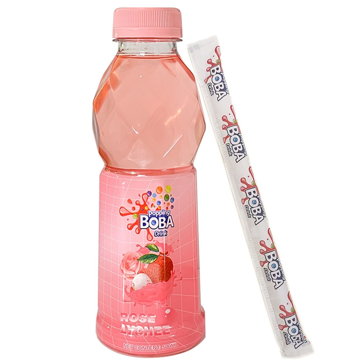 Popping Boba Rose Lychee Bottle With Straw 500ml – SoSweet